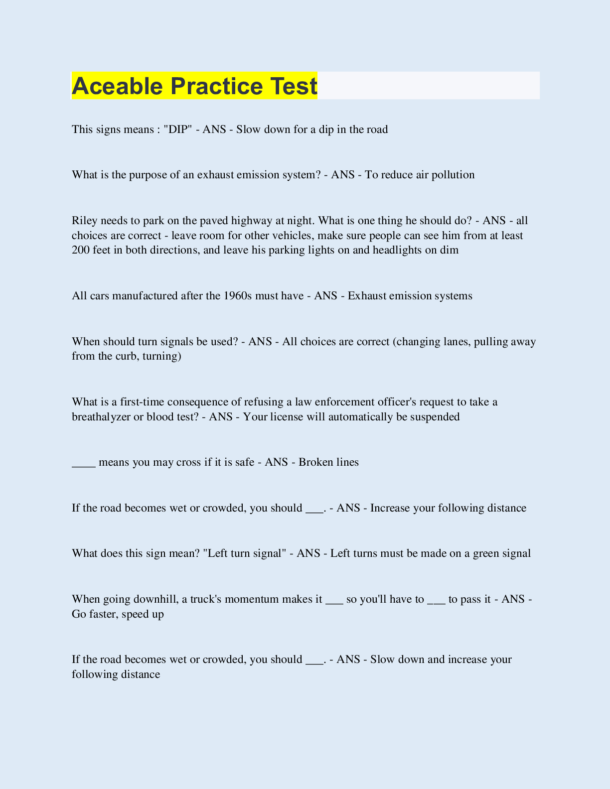 Aceable Practice Test | 30 Questions with 100% Correct Answers ...