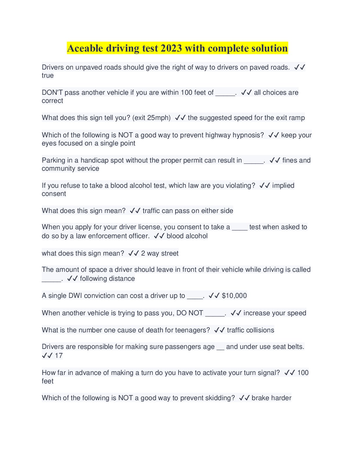 Aceable driving test 2023 with complete solution - Scholarfriends