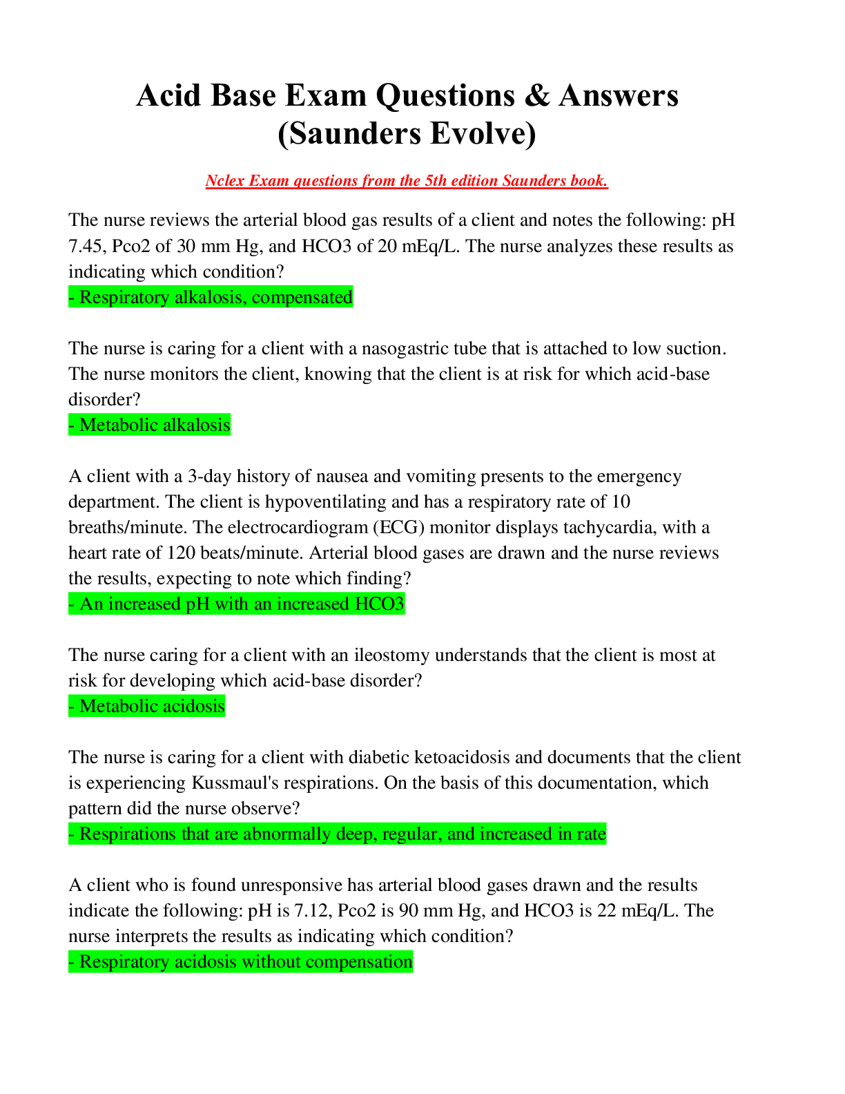 Acid Base Exam Questions & Answers (Saunders Evolve)-Nclex Exam ...