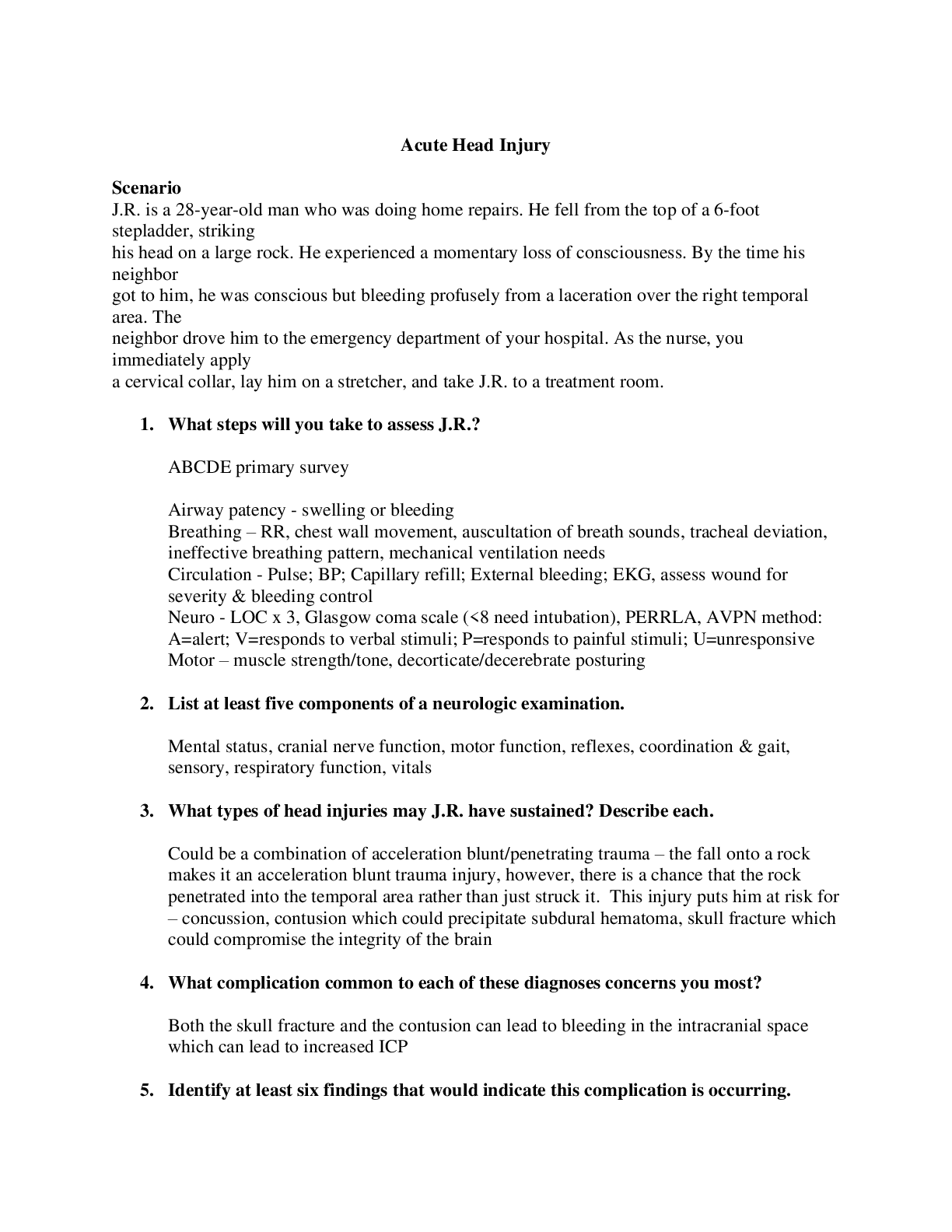 Head Trauma Case Study-J.R - Scholarfriends
