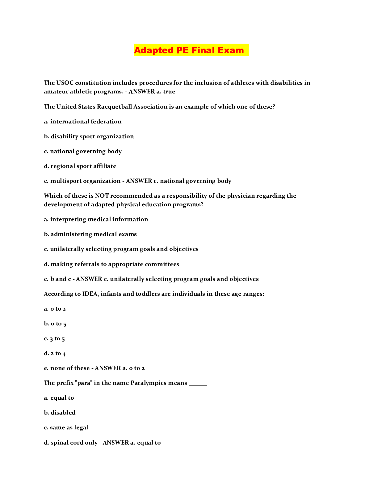 Adapted PE Final Exam - Scholarfriends