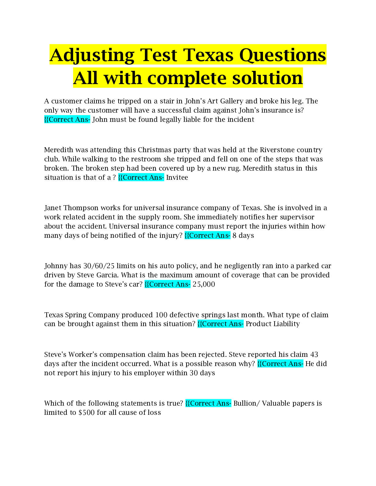 Adjusting Test Texas Questions All with complete solution - Scholarfriends