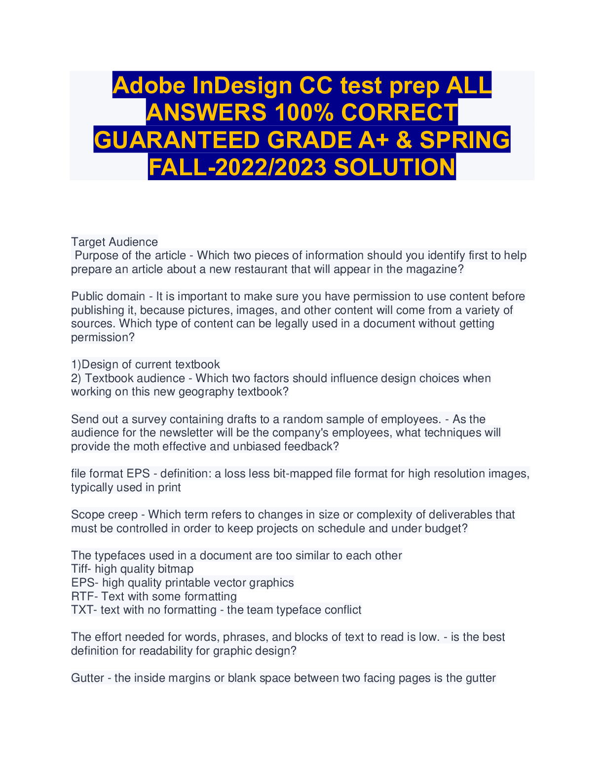 Adobe InDesign CC test prep ALL ANSWERS 100% CORRECT GUARANTEED GRADE ...