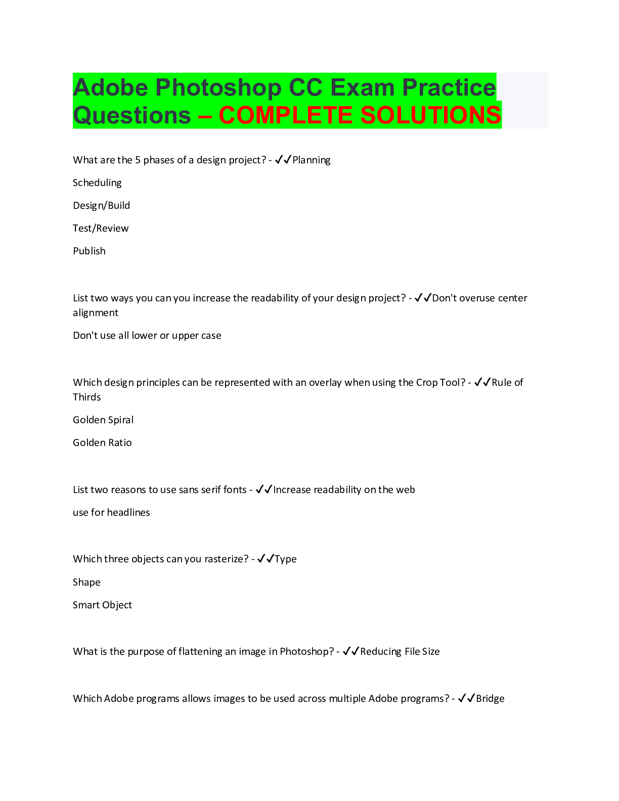 Adobe Photoshop CC Exam Practice Questions – COMPLETE SOLUTIONS ...