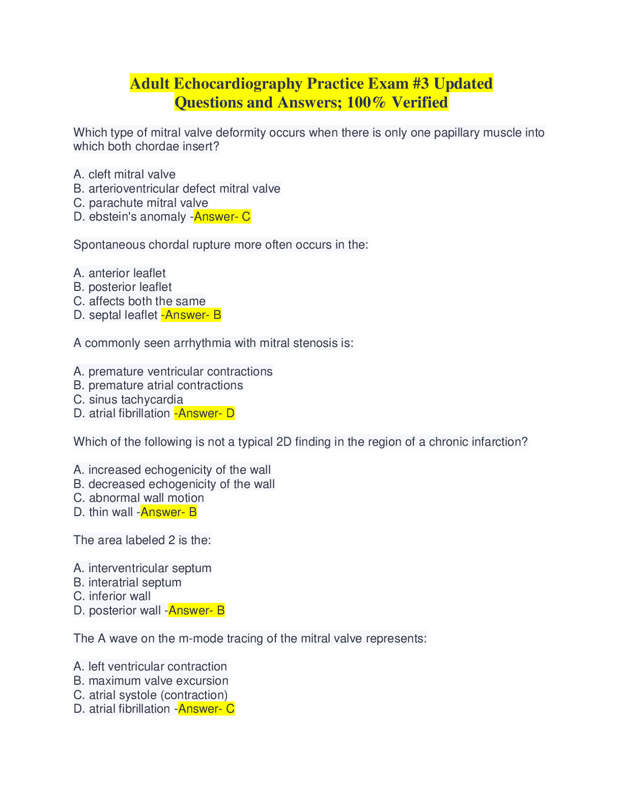 Adult Echocardiography Practice Exam #3 Updated Questions and Answers ...