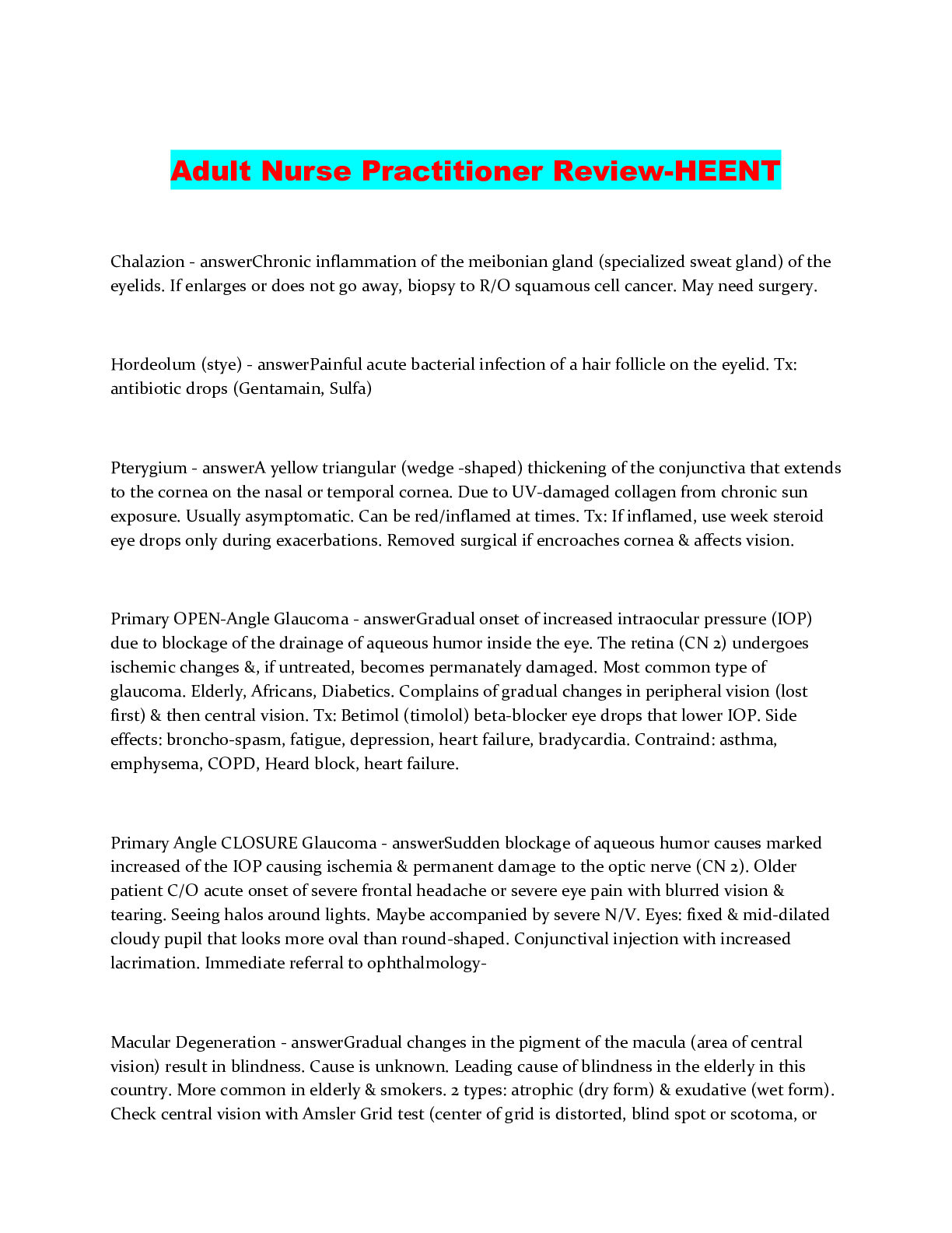 Adult Nurse Practitioner Review-HEENT - Scholarfriends