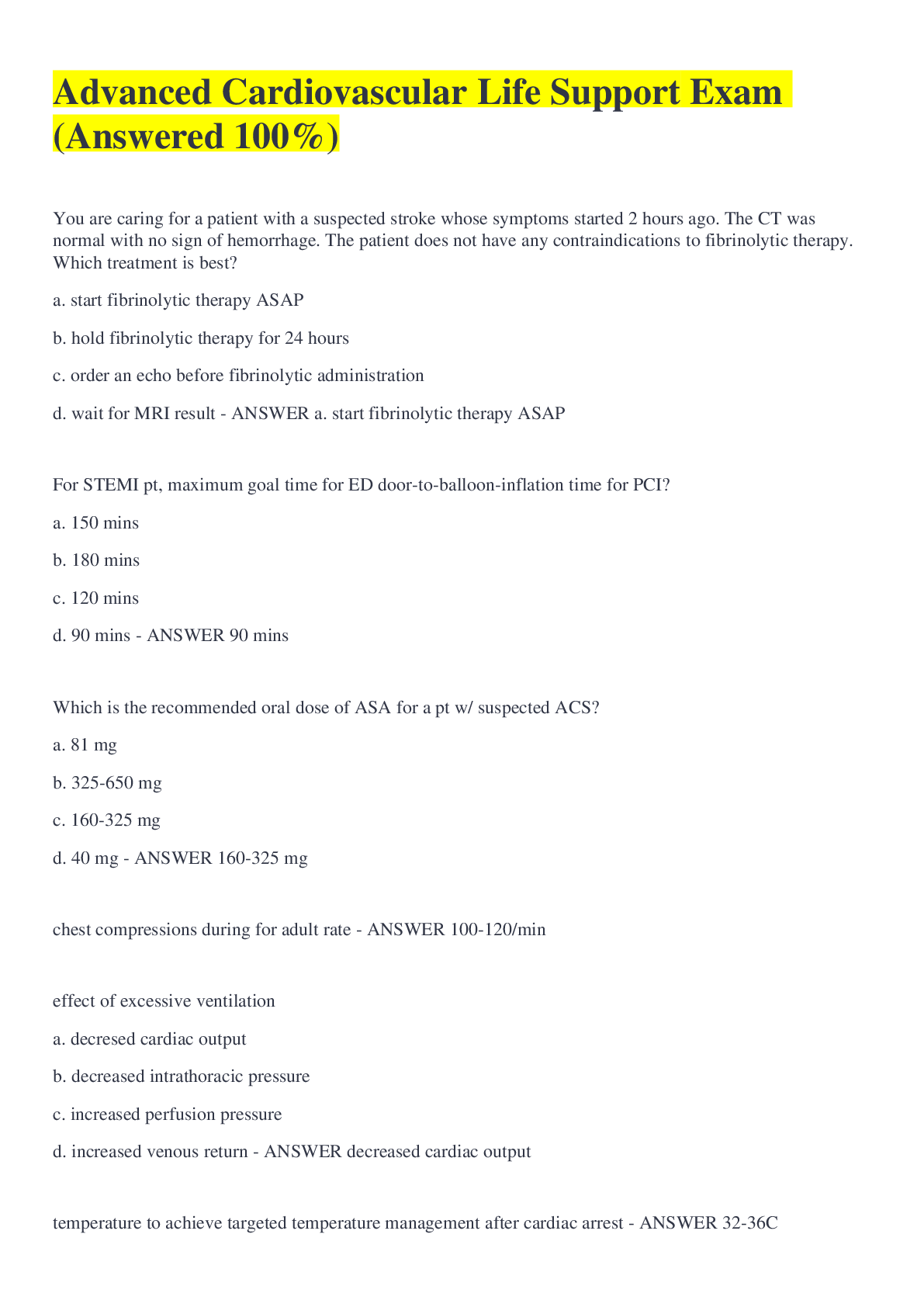 ACLS;Advanced Cardiovascular Life Support Exam (Answered 100% ...