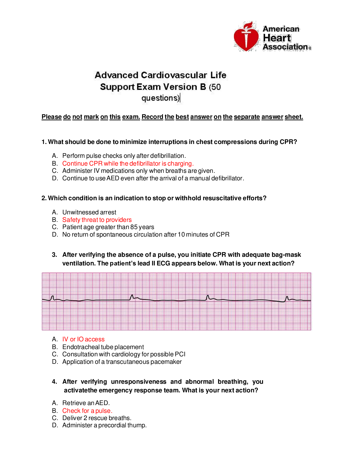 ACLS Advanced Cardiovascular Life Support Exam Review Version B (50 ...