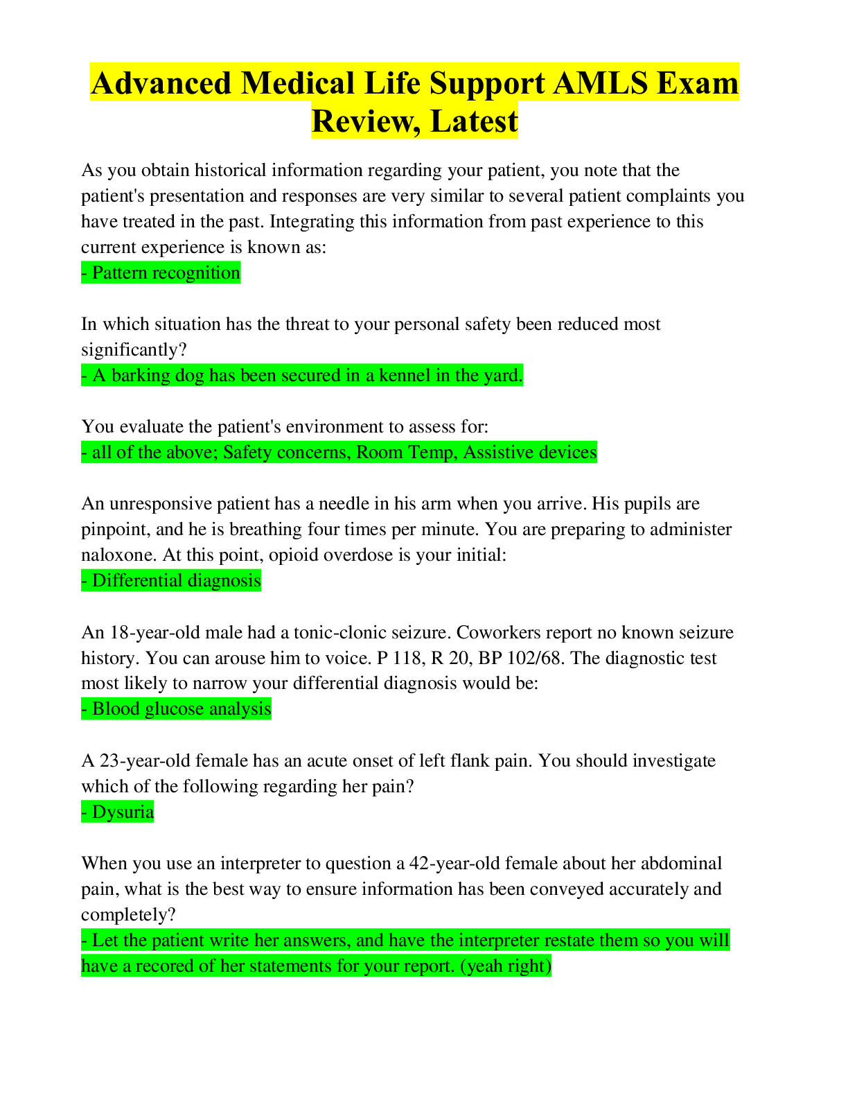 Advanced Medical Life Support AMLS Exam Review, Latest Q&As ...