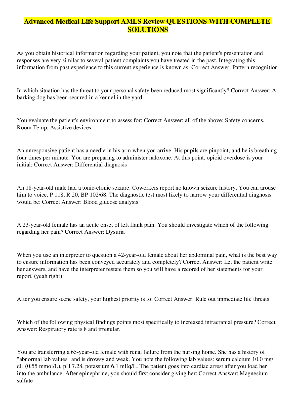 Advanced Medical Life Support AMLS Review QUESTIONS WITH COMPLETE ...