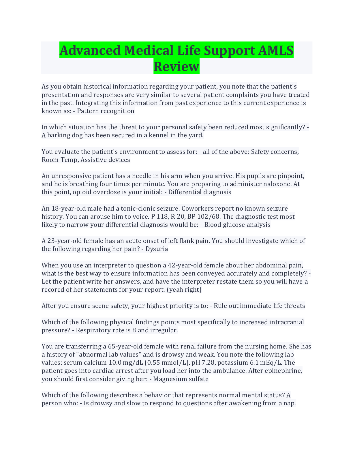 Advanced Medical Life Support AMLS Review Questions And Answers ...