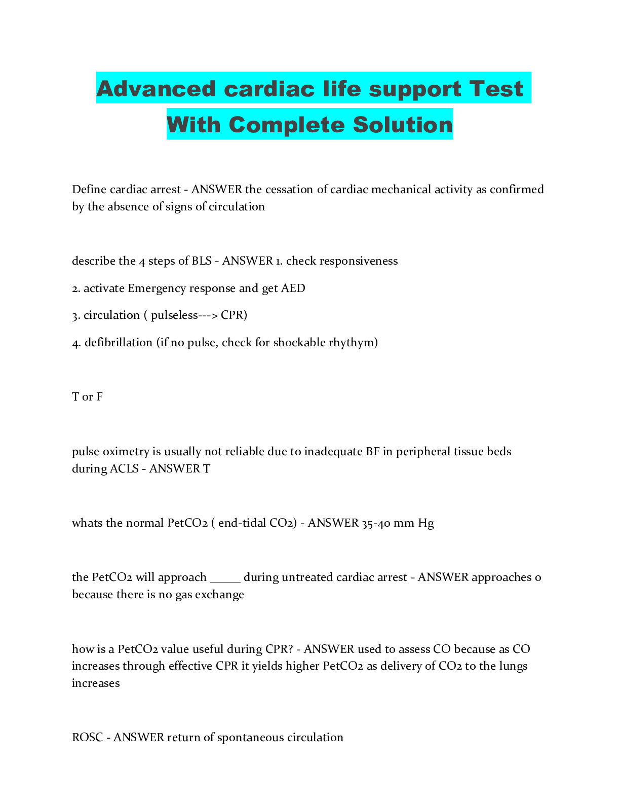 Advanced cardiac life support Test With Complete Solution ...