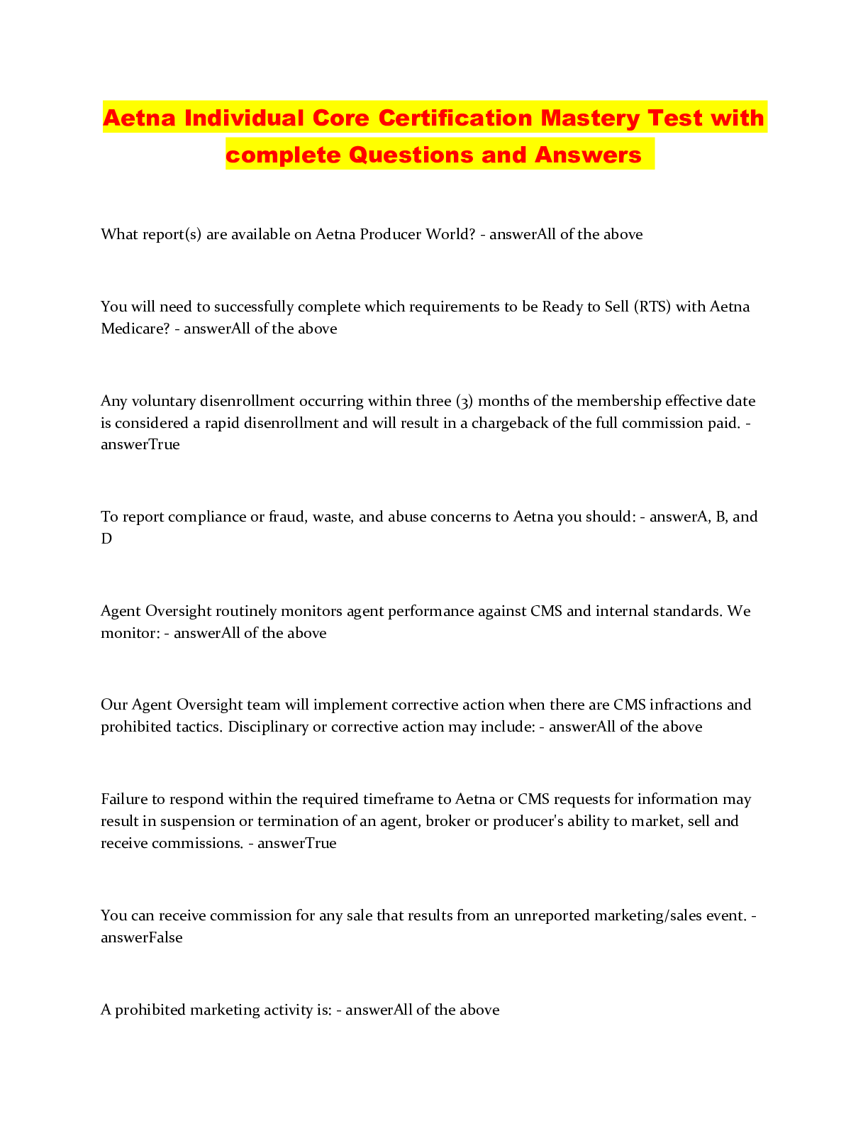 Aetna Individual Core Certification Mastery Test with complete ...
