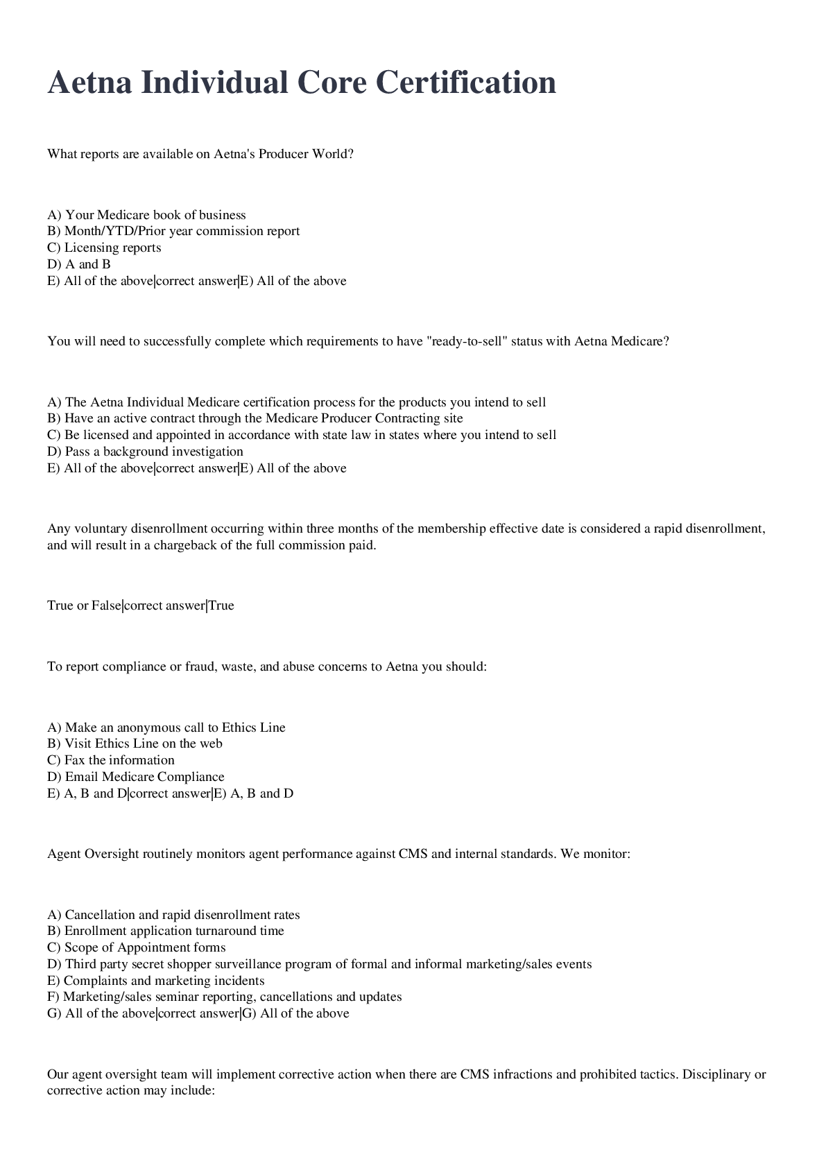 Aetna Individual Core Certification Questions And Answers/ Latest ...