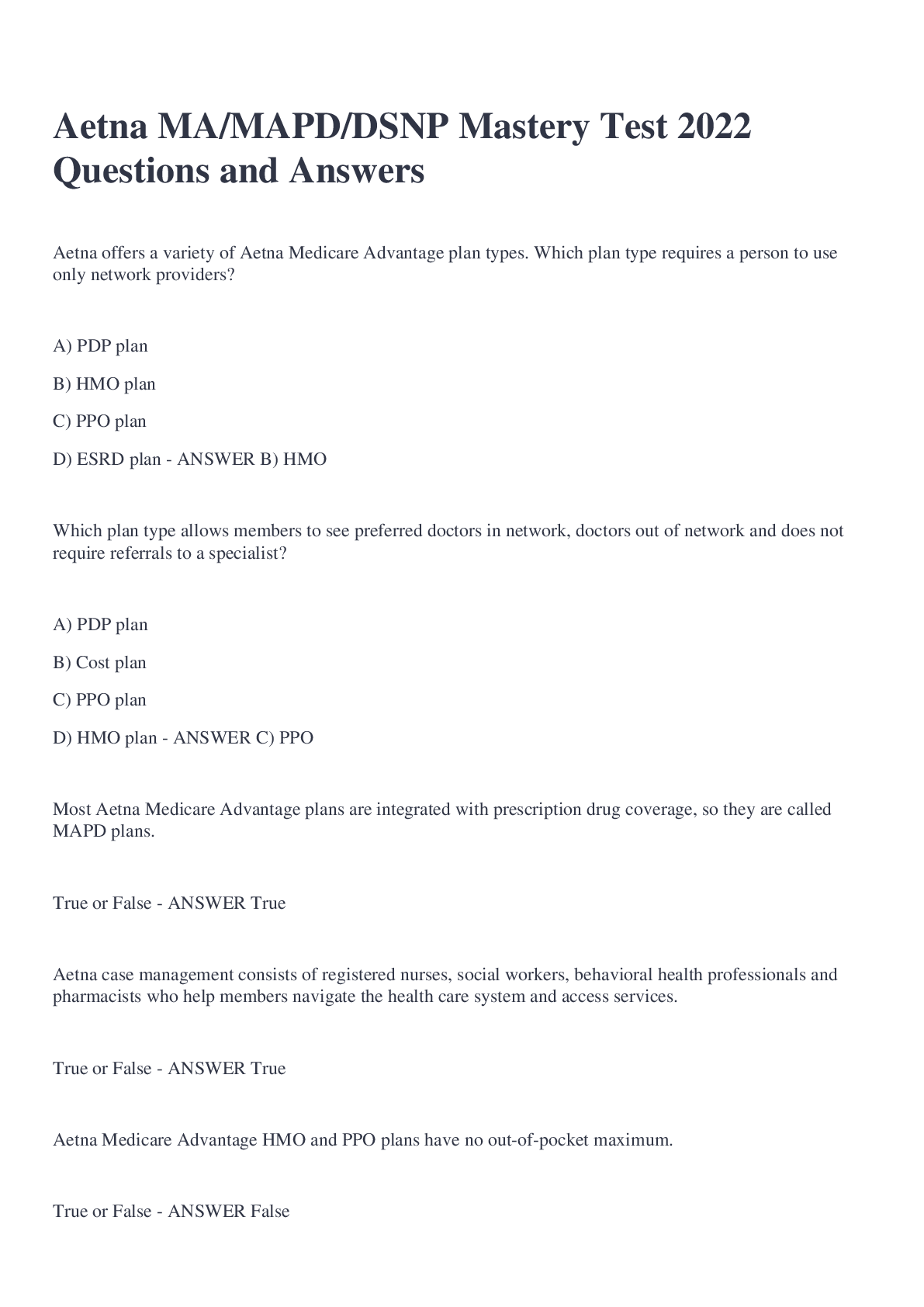 Aetna MA/MAPD/DSNP Mastery Test 2022 Questions and Answers ...