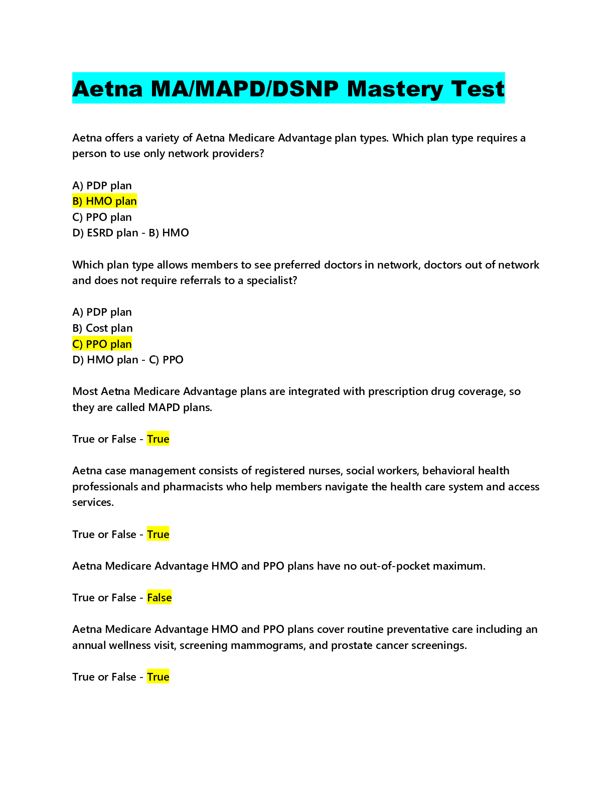 (answered)Aetna MA/MAPD/DSNP Mastery Test_ 2022. - Scholarfriends