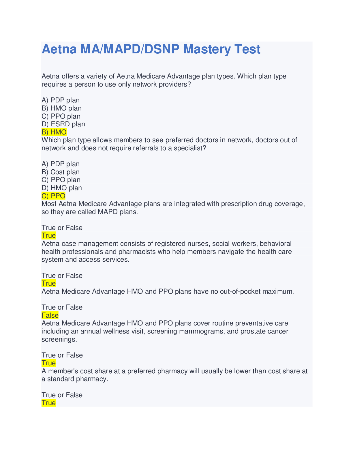 Aetna MA/MAPD/DSNP Mastery Test (Latest solved 100%) - Scholarfriends