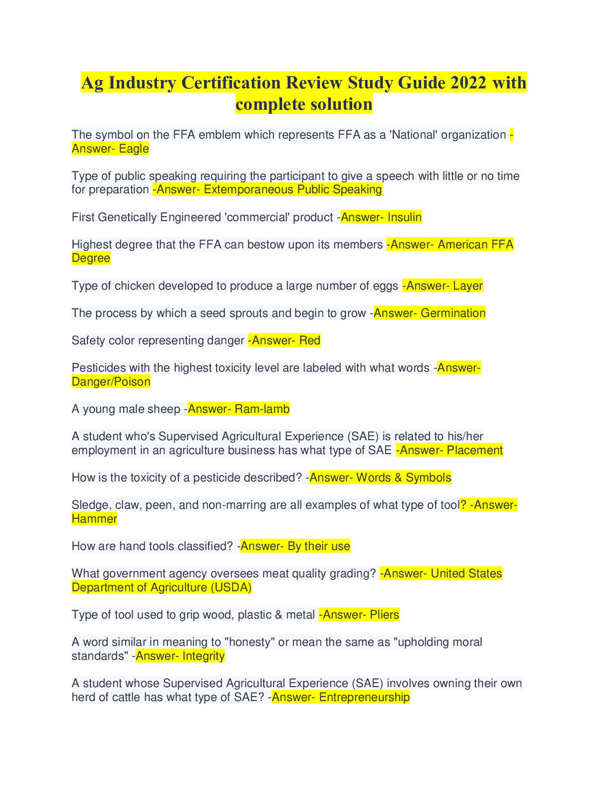 Ag Industry Certification Review Study Guide 2022 with complete ...