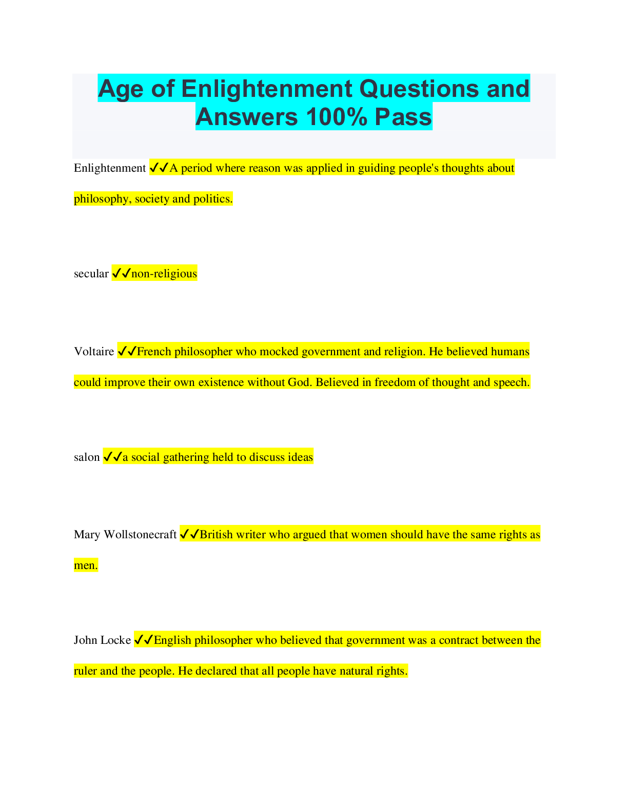 Age of Enlightenment Questions and Answers 100% Pass - Scholarfriends