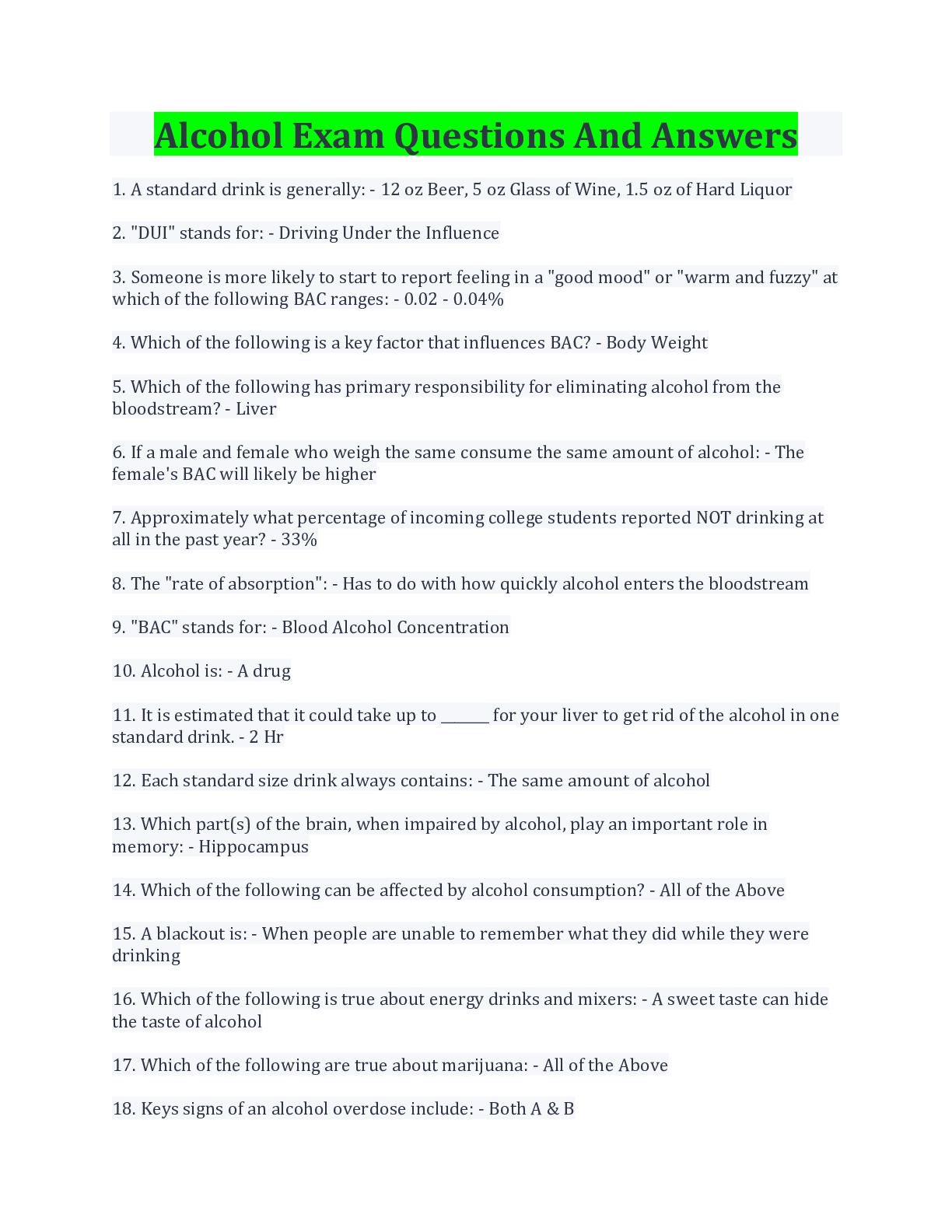 Alcohol Exam Questions And Answers/ Download - Scholarfriends