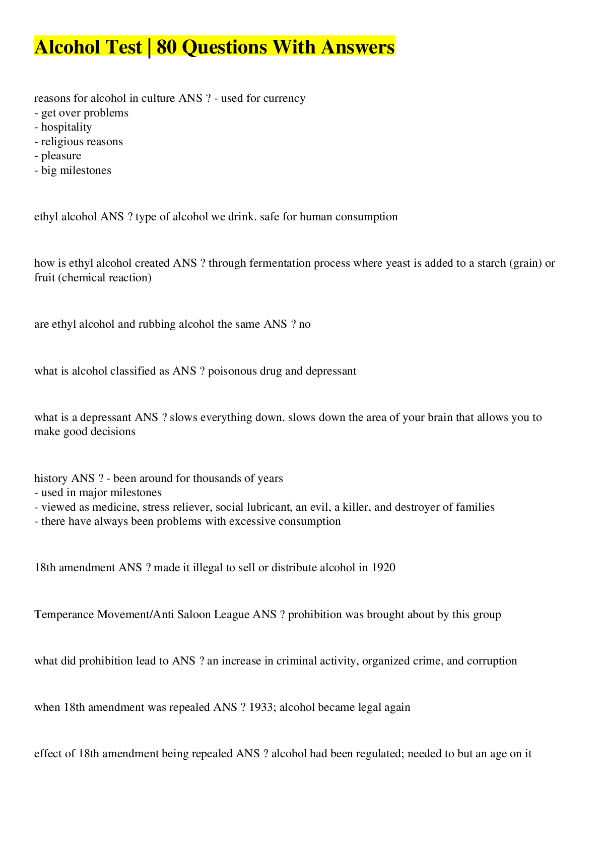 Alcohol Test | 80 Questions With Answers - Scholarfriends