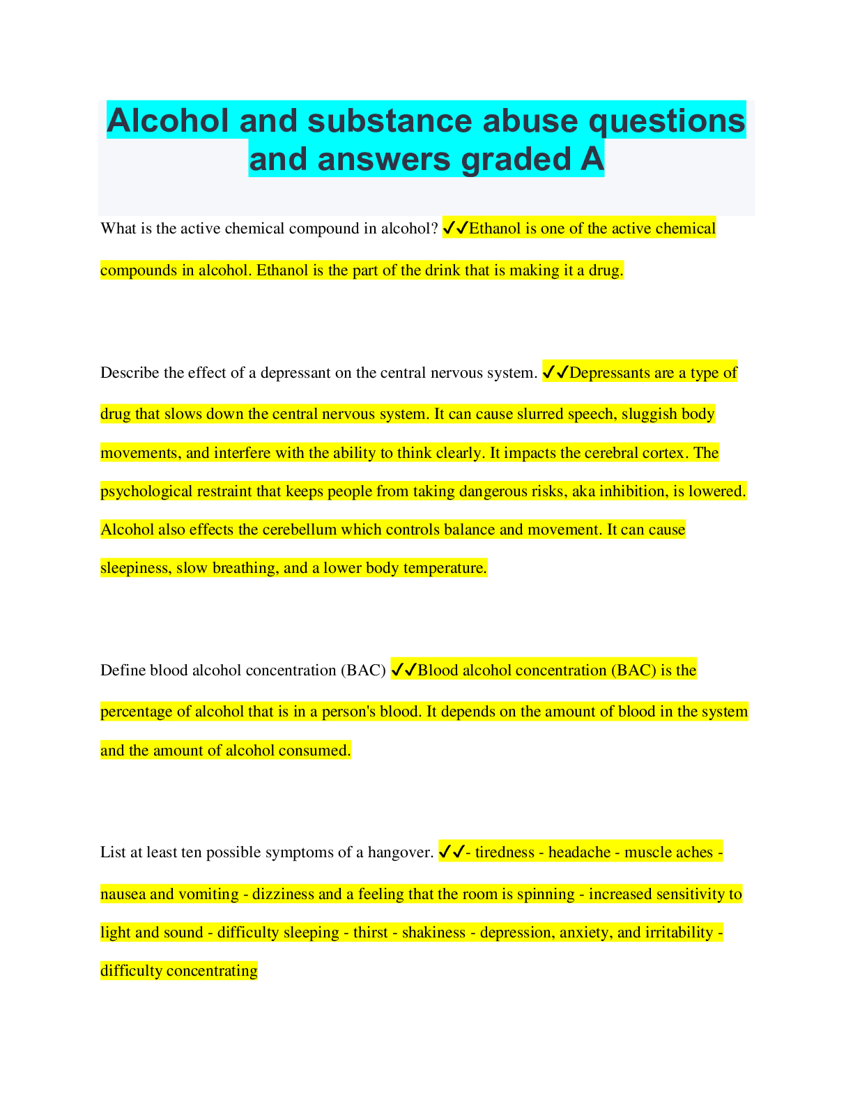 Alcohol and substance abuse questions and answers graded A - Scholarfriends