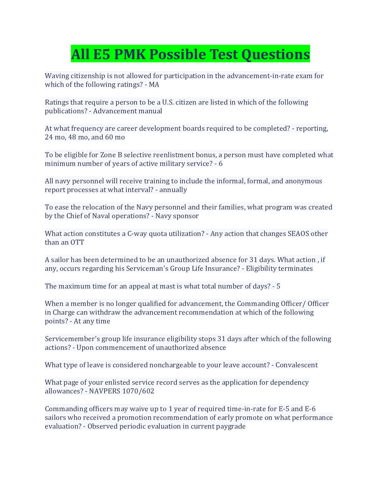 All E5 PMK Possible Test Questions - Scholarfriends