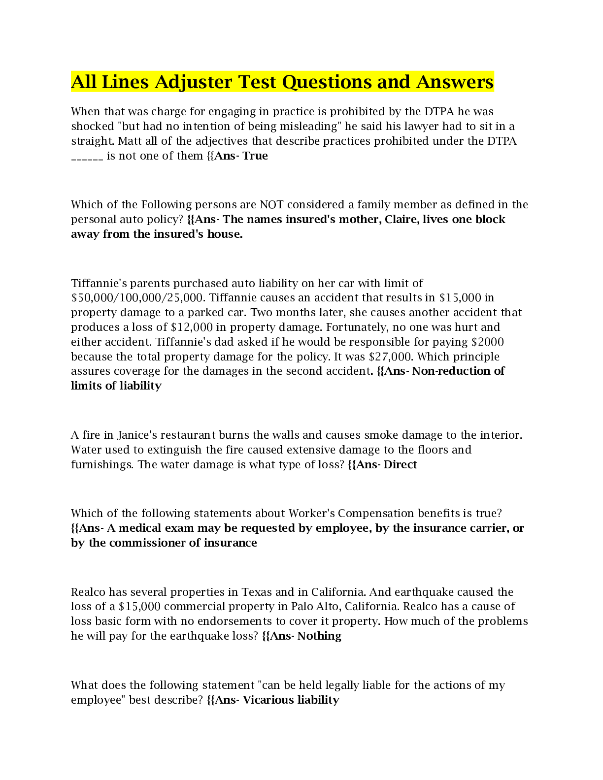 All Lines Adjuster Test Questions and Answers – Scholarfriends ...