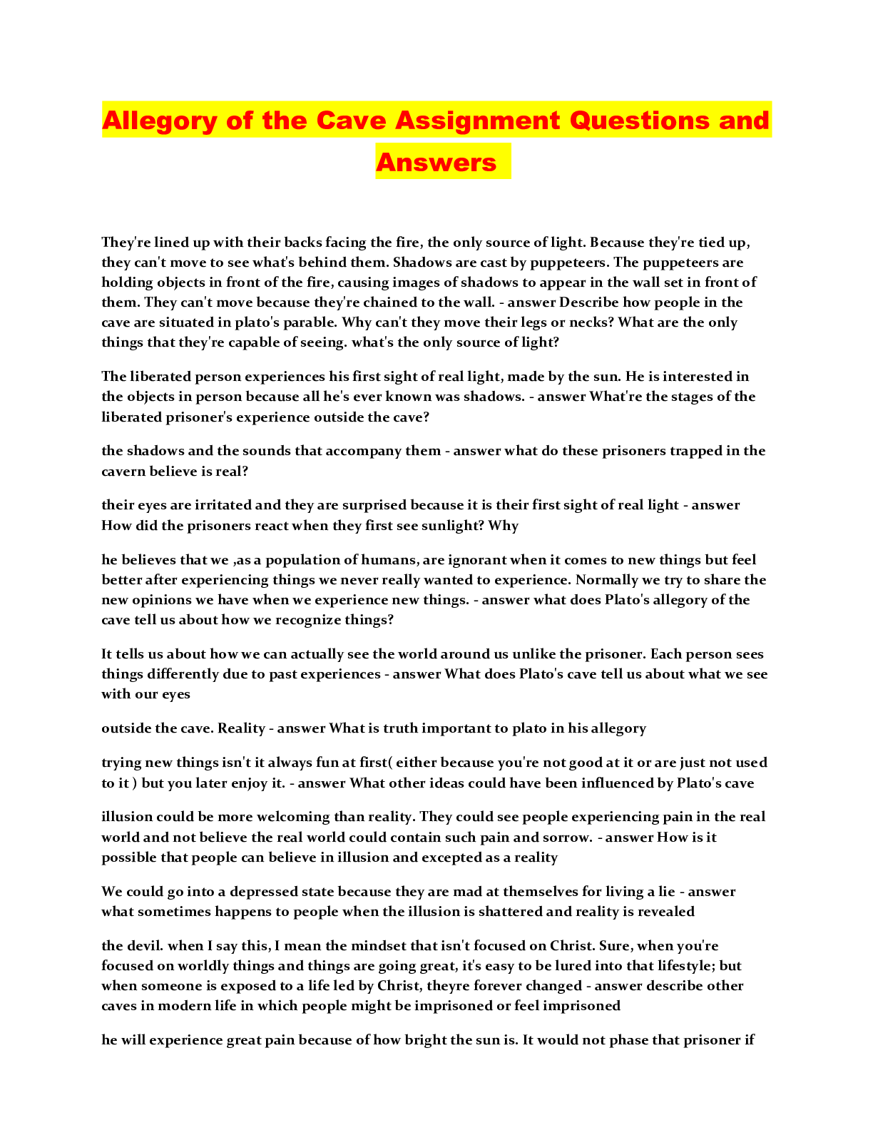 Allegory of the Cave Assignment Questions and Answers - Scholarfriends