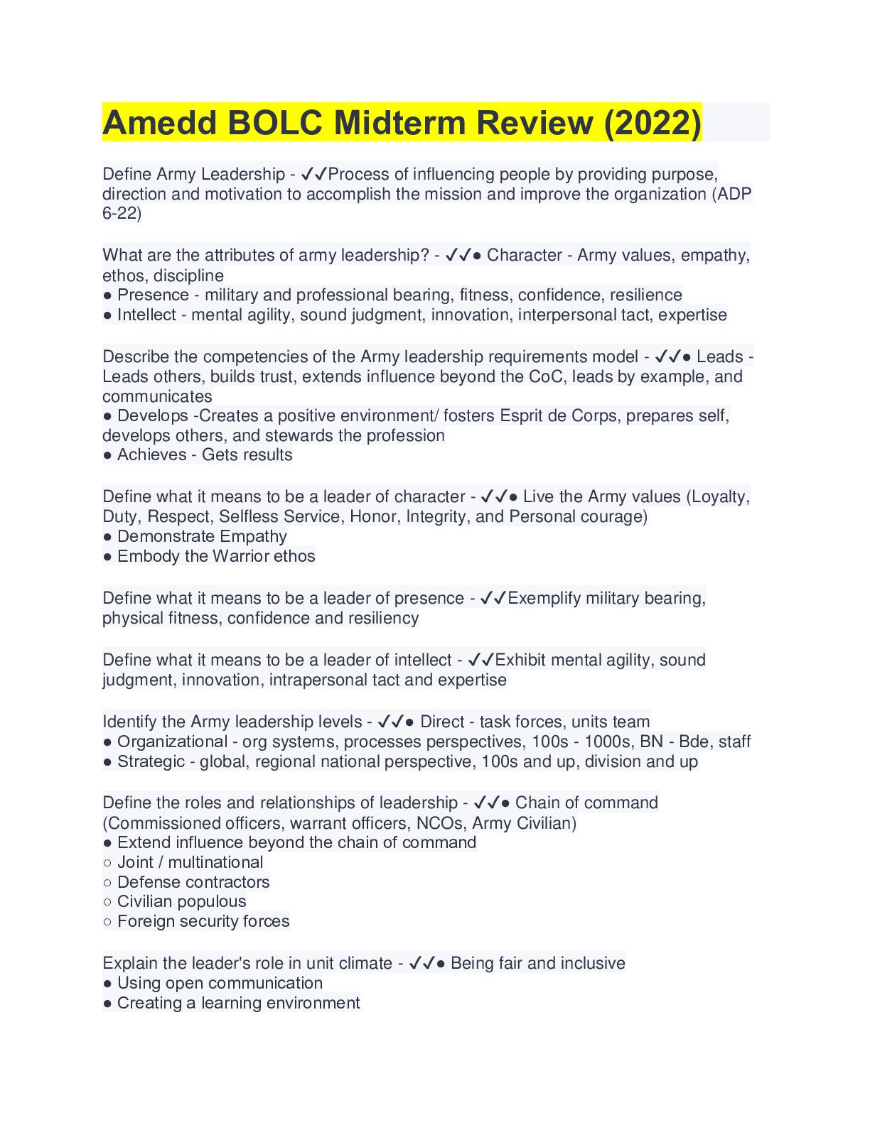 Amedd BOLC Midterm Review (2022) | 173 Questions with 100% Correct ...