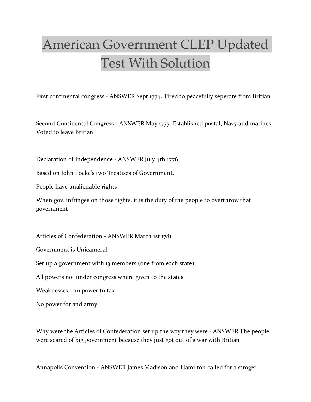 American Government CLEP Updated Test With Solution – Scholarfriends ...