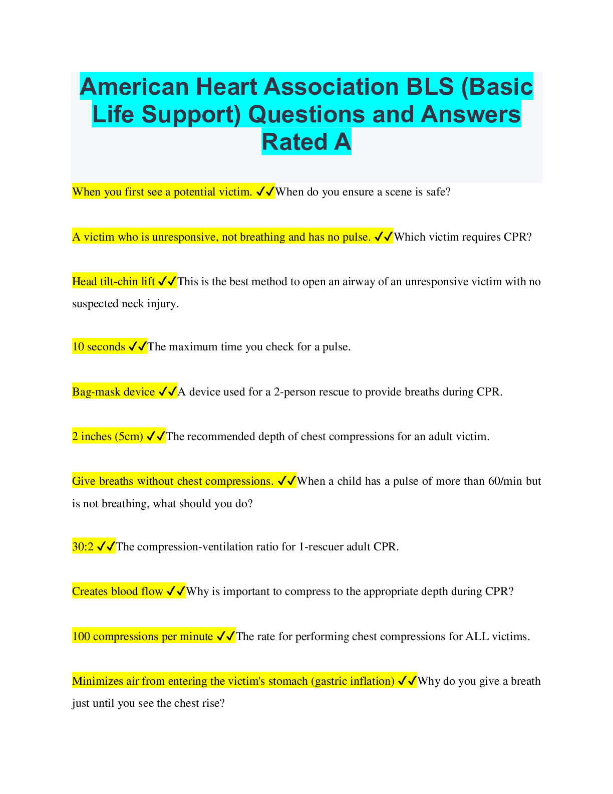 American Heart Association| BLS-Basic-Life-Support. Questions and ...