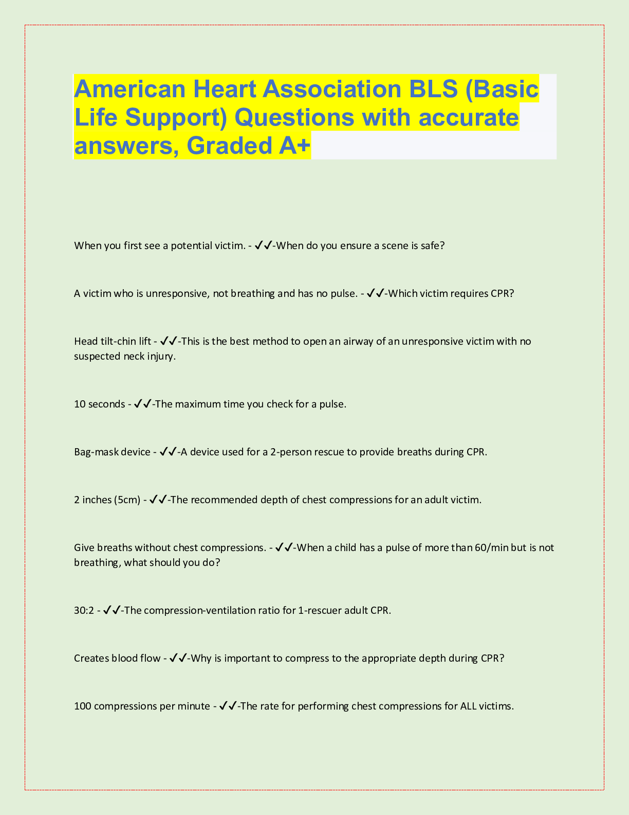 BLS-Basic Life Support-American Heart Association Questions with ...