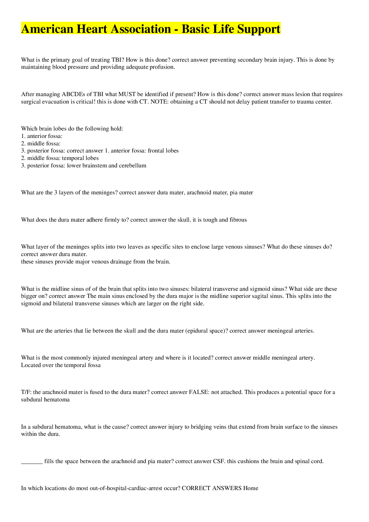 American Heart Association - Basic Life Support QUESTIONS AND ANSWERS ...