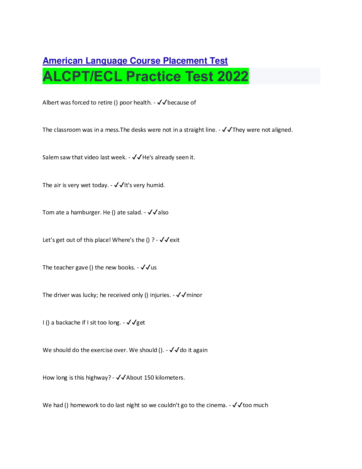 American Language Course Placement Test ALCPT/ECL Practice Test 2022 ...