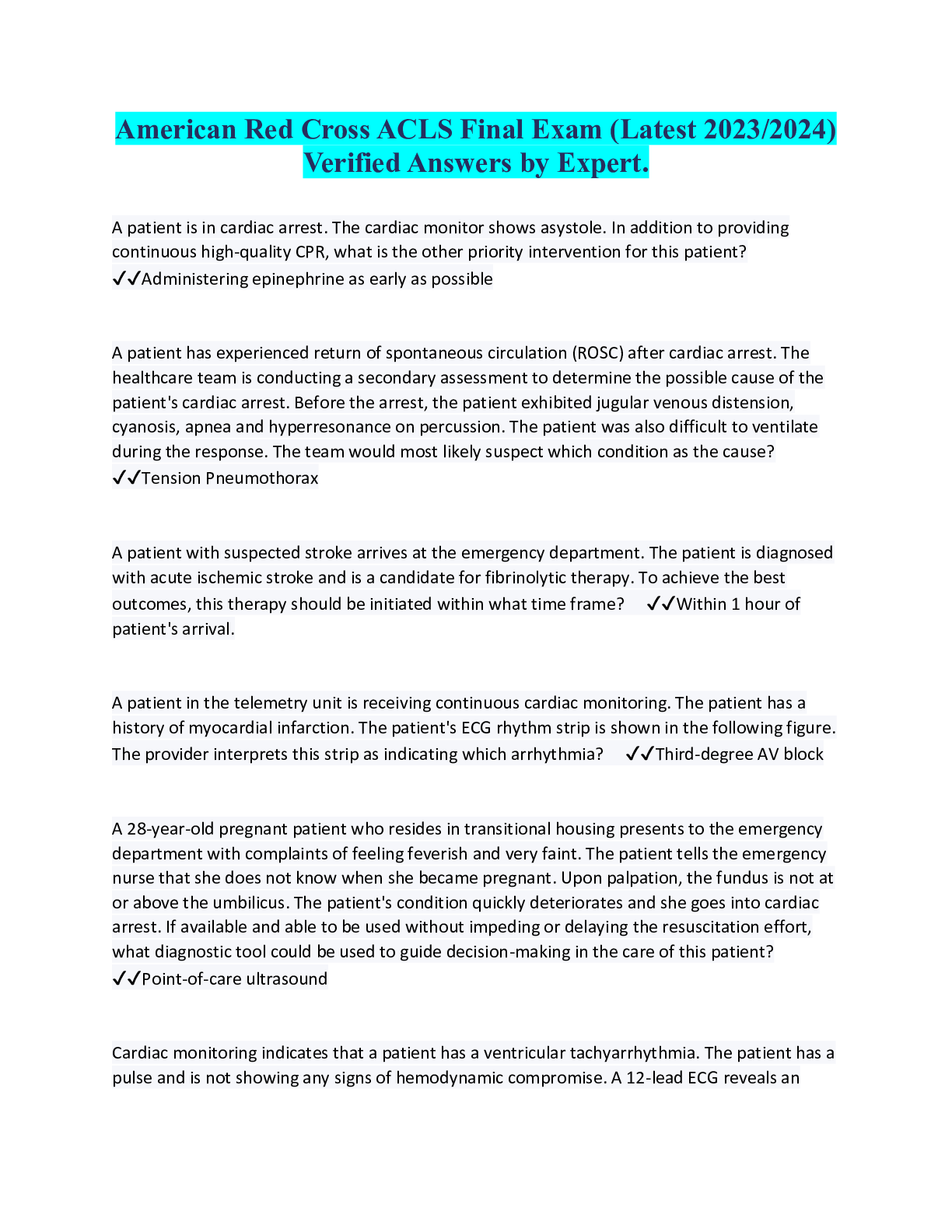 American Red Cross ACLS Final Exam (Latest 2023/2024) Verified Answers ...