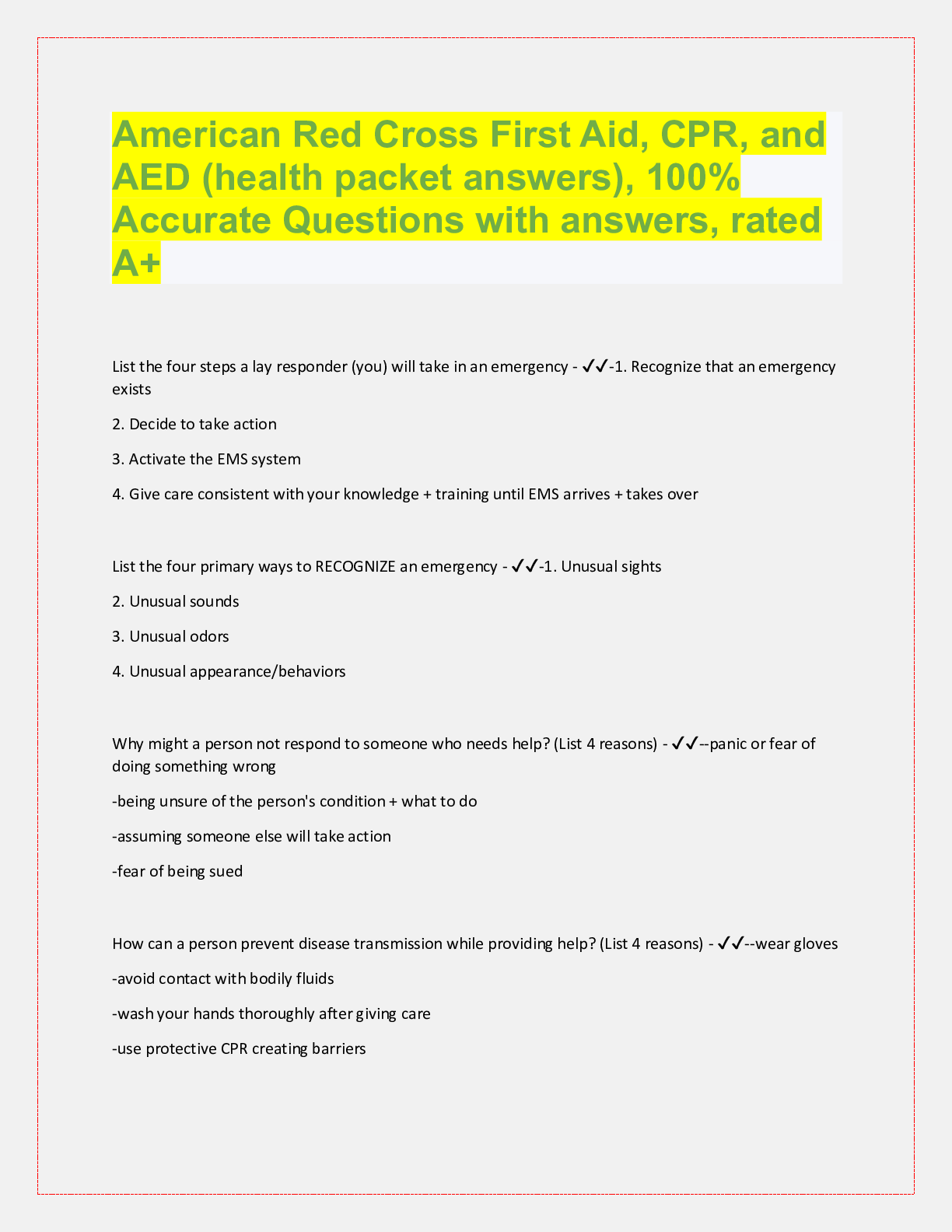 American Red Cross First Aid, CPR, and AED (health packet answers), 100 ...