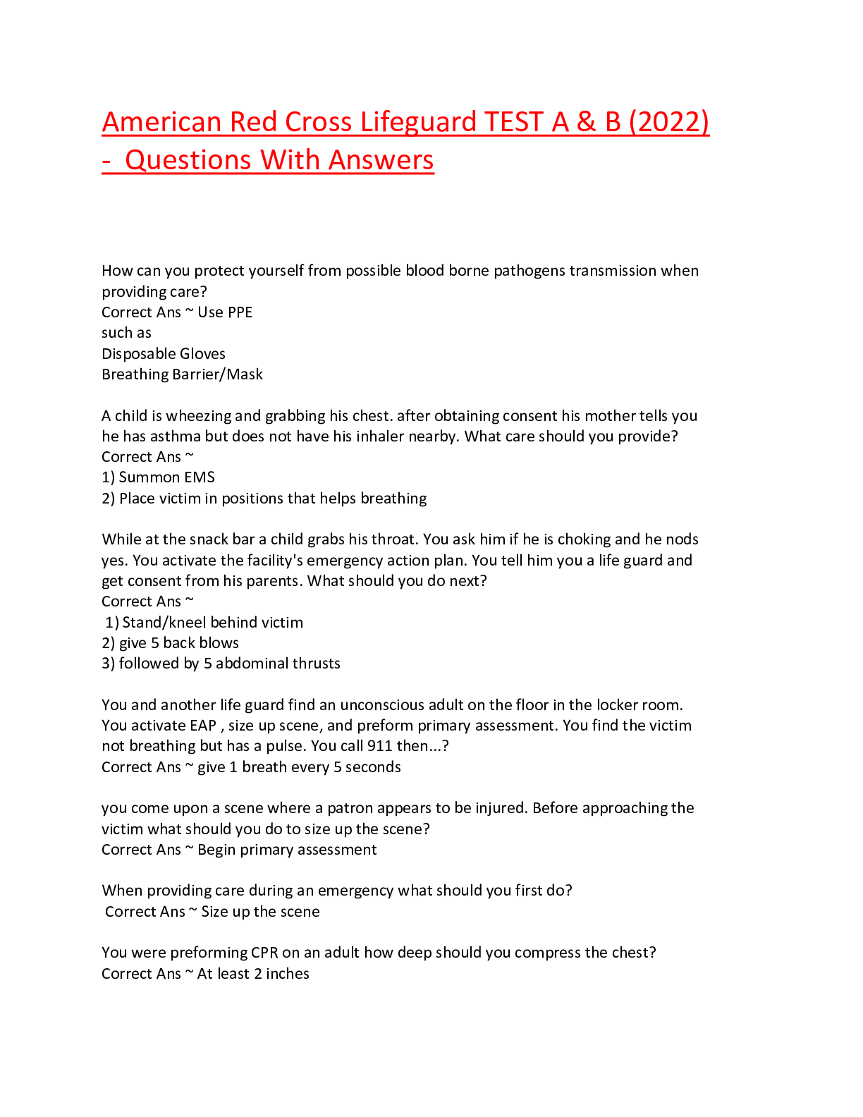 American Red Cross Lifeguard TEST A & B (2022) - Questions With Answ ...