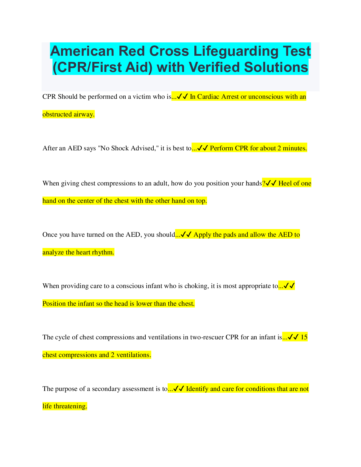 American Red Cross Lifeguarding Test Bundled Exams Questions and ...