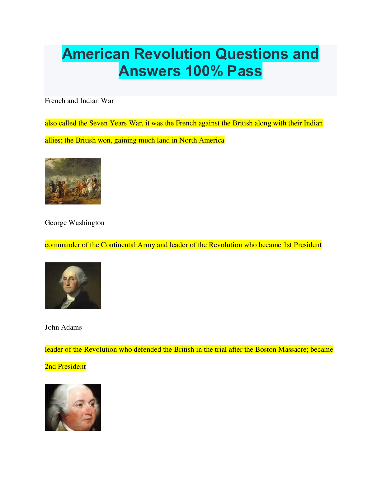 American Revolution Questions and Answers 100% Pass - Scholarfriends