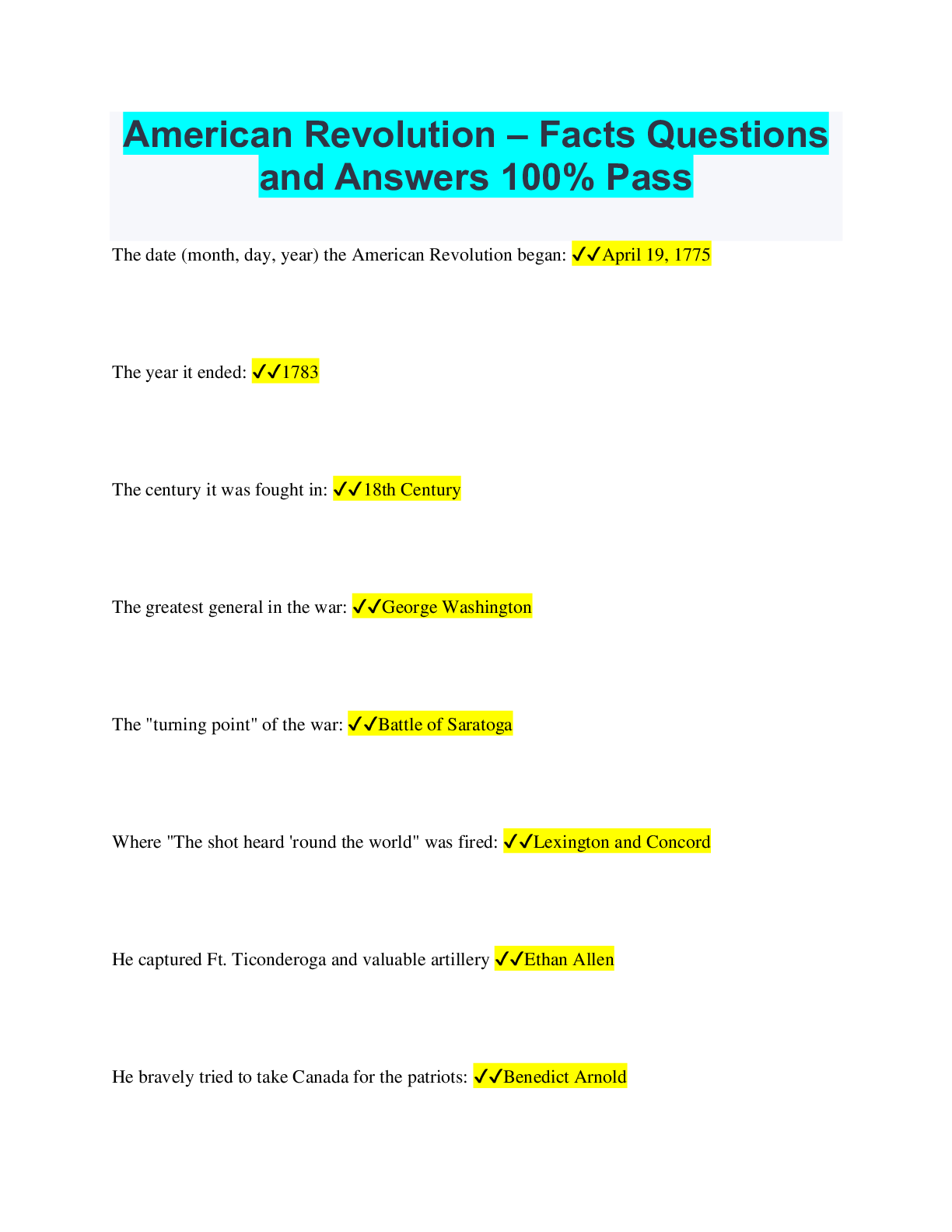 American Revolution – Facts Questions and Answers 100% Pass ...