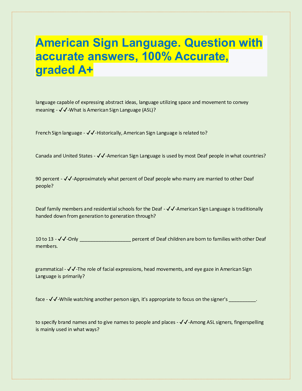 American Sign Language. Question with accurate answers, 100% Accurate ...