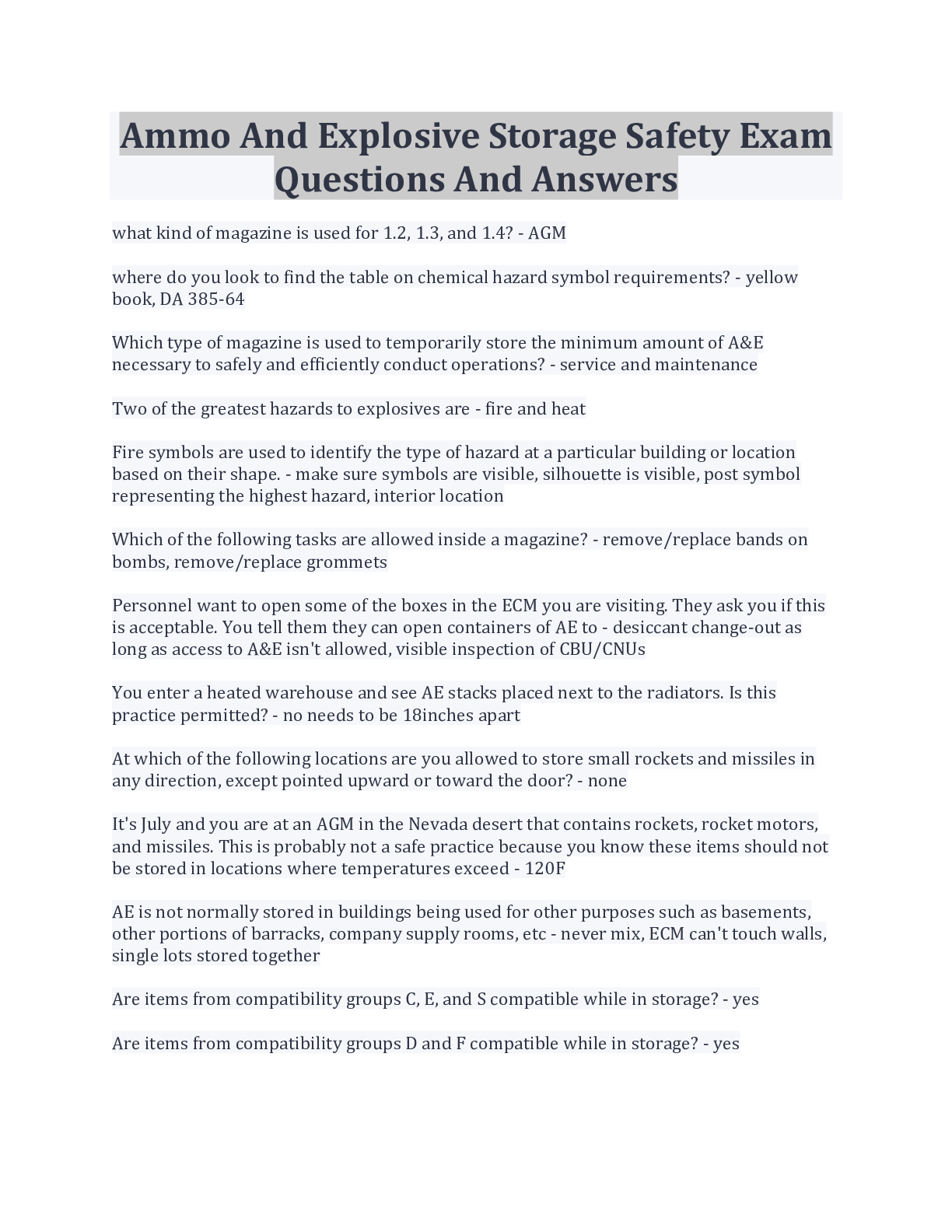 Ammo And Explosive Storage Safety Exam Questions And Answers ...