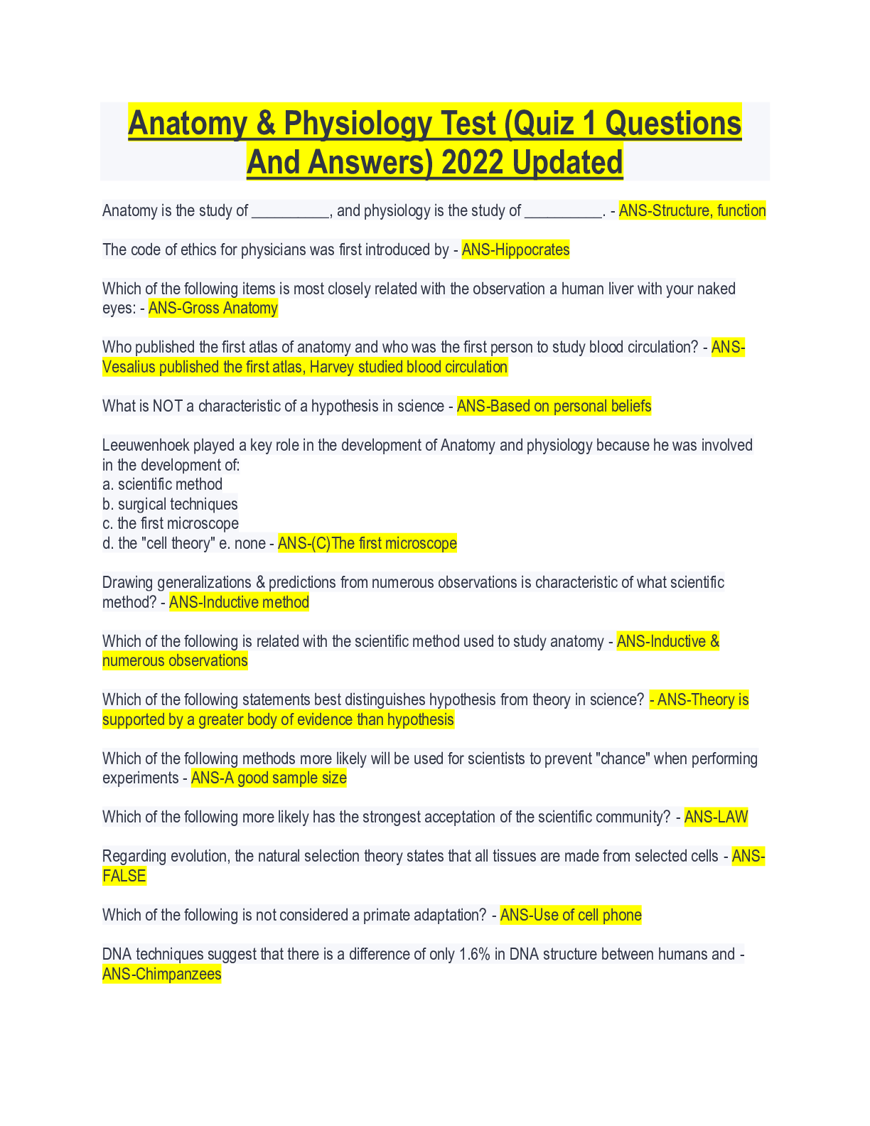 Anatomy & Physiology Test (Quiz 1 Questions And Answers) 2022 Updated ...