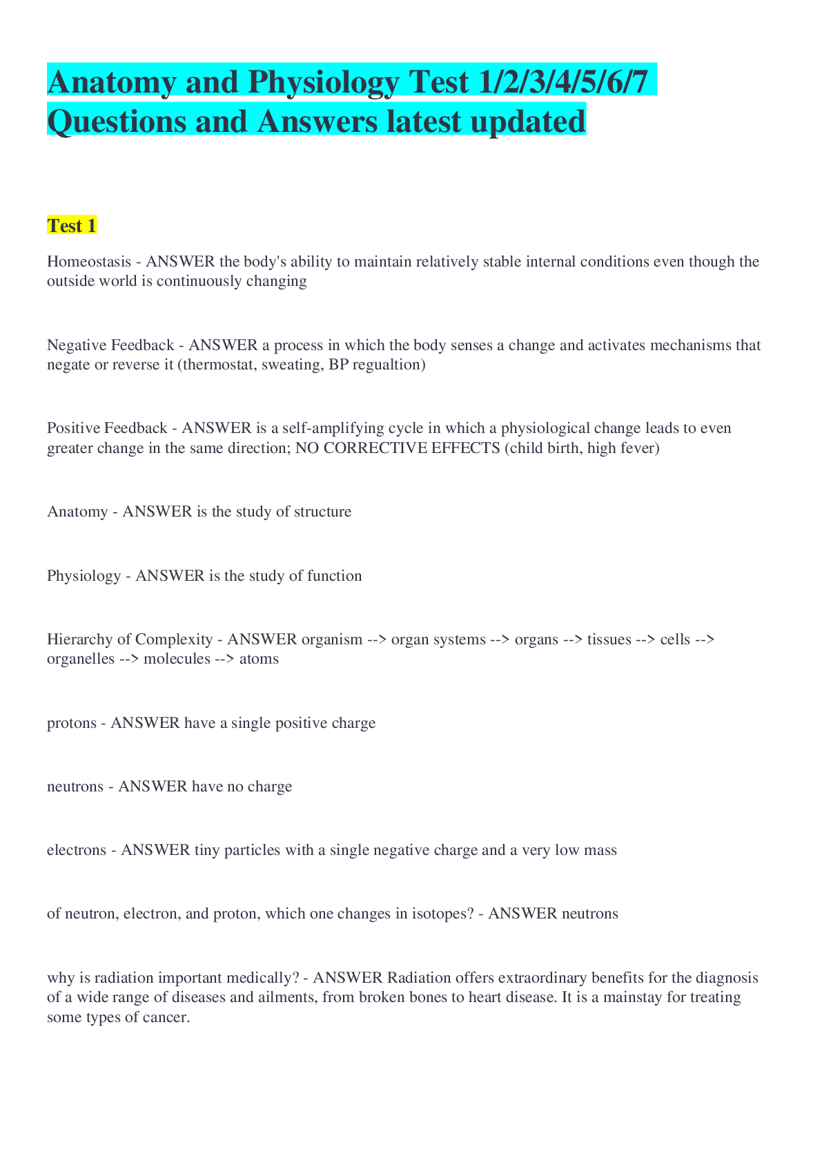 Anatomy and Physiology Test 1/2/3/4/5/6/7 Questions and Answers latest ...