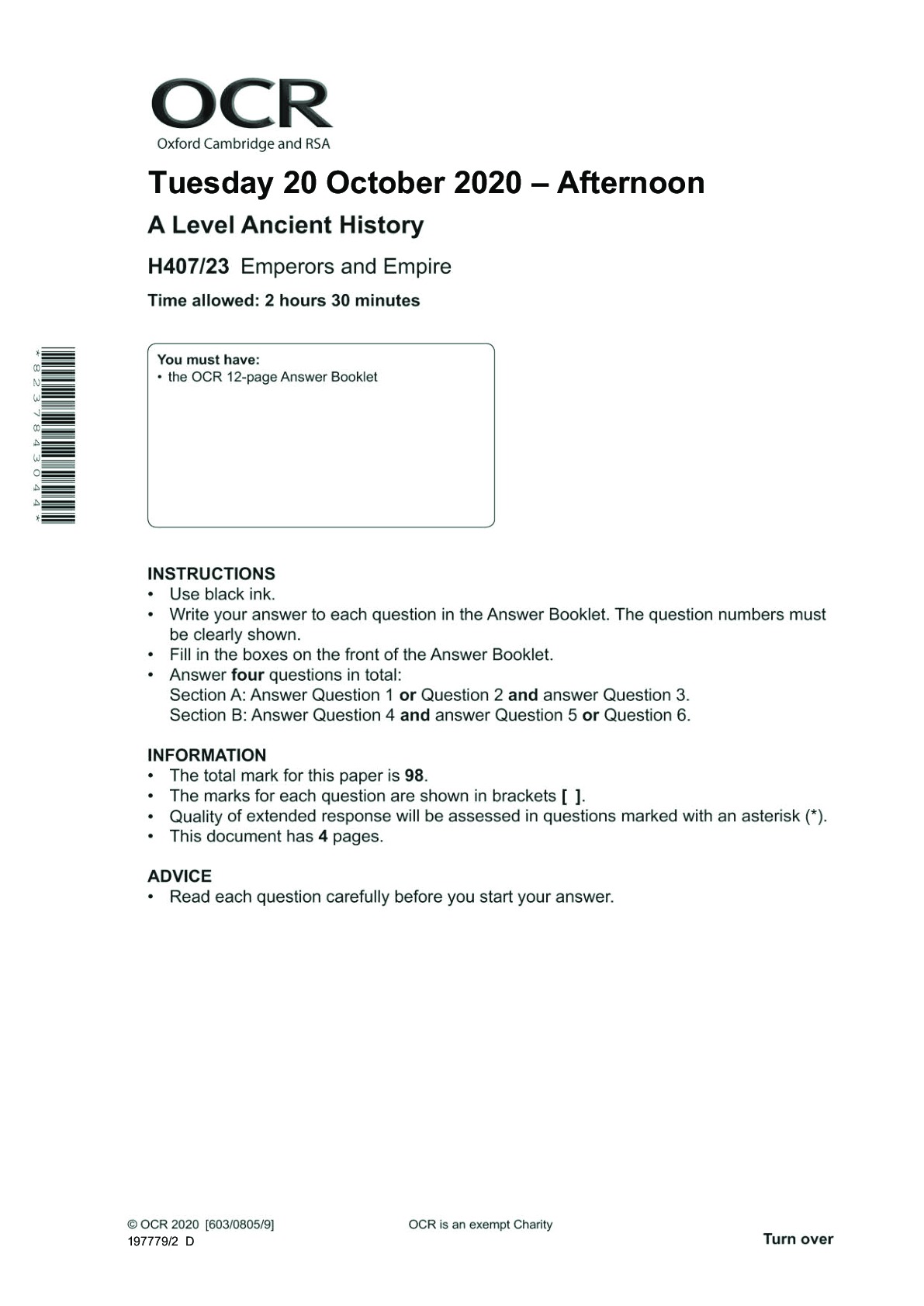 A Level Ancient History_H407/23 Question Paper Nov 2020 | Emperors and ...