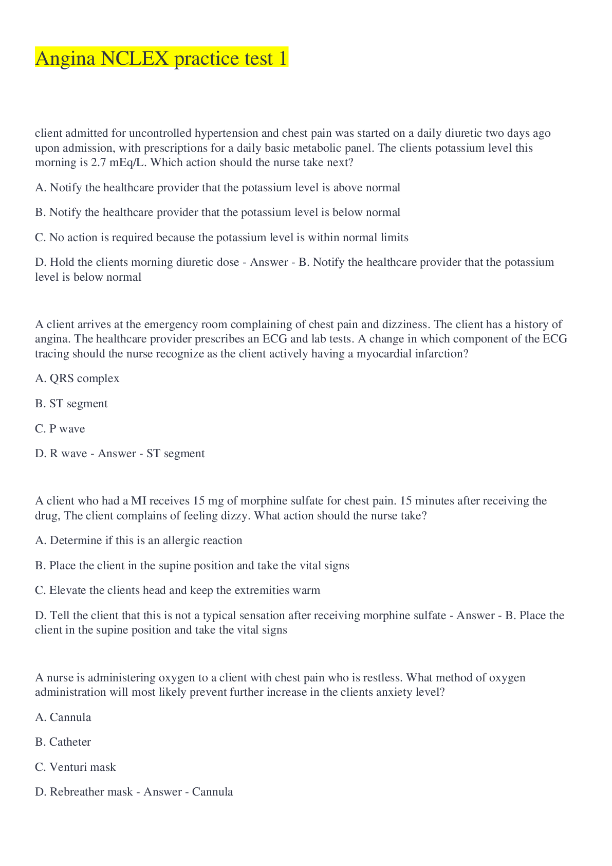Angina NCLEX practice test 1 Questions And Answers 2022/2023 ...