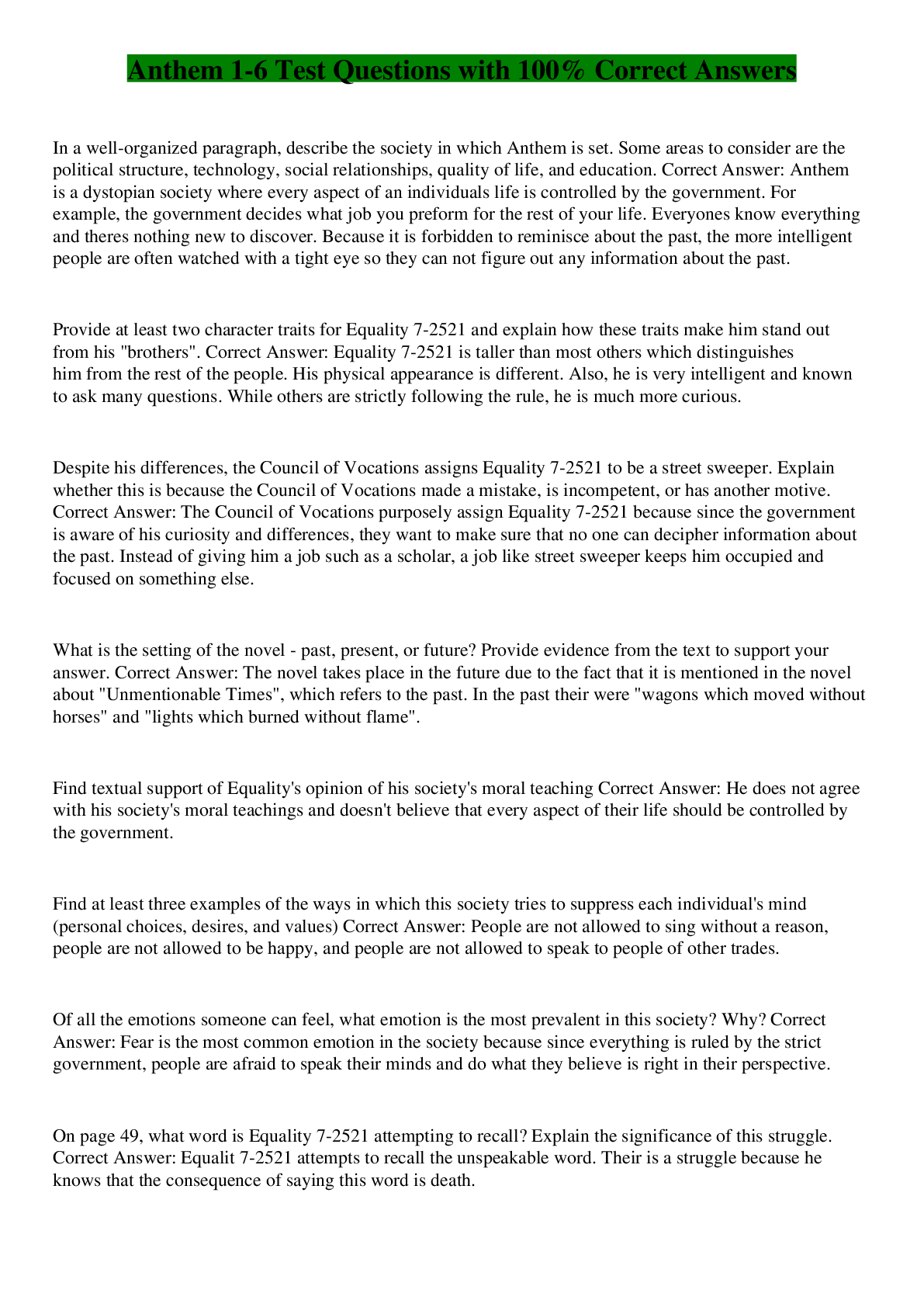 Anthem 1-6 Test Questions with 100% Correct Answers - Scholarfriends