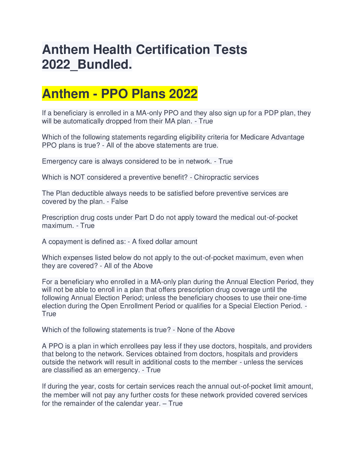 (Answered) Anthem Health Certification Tests Quizzes 2022_Bundled ...