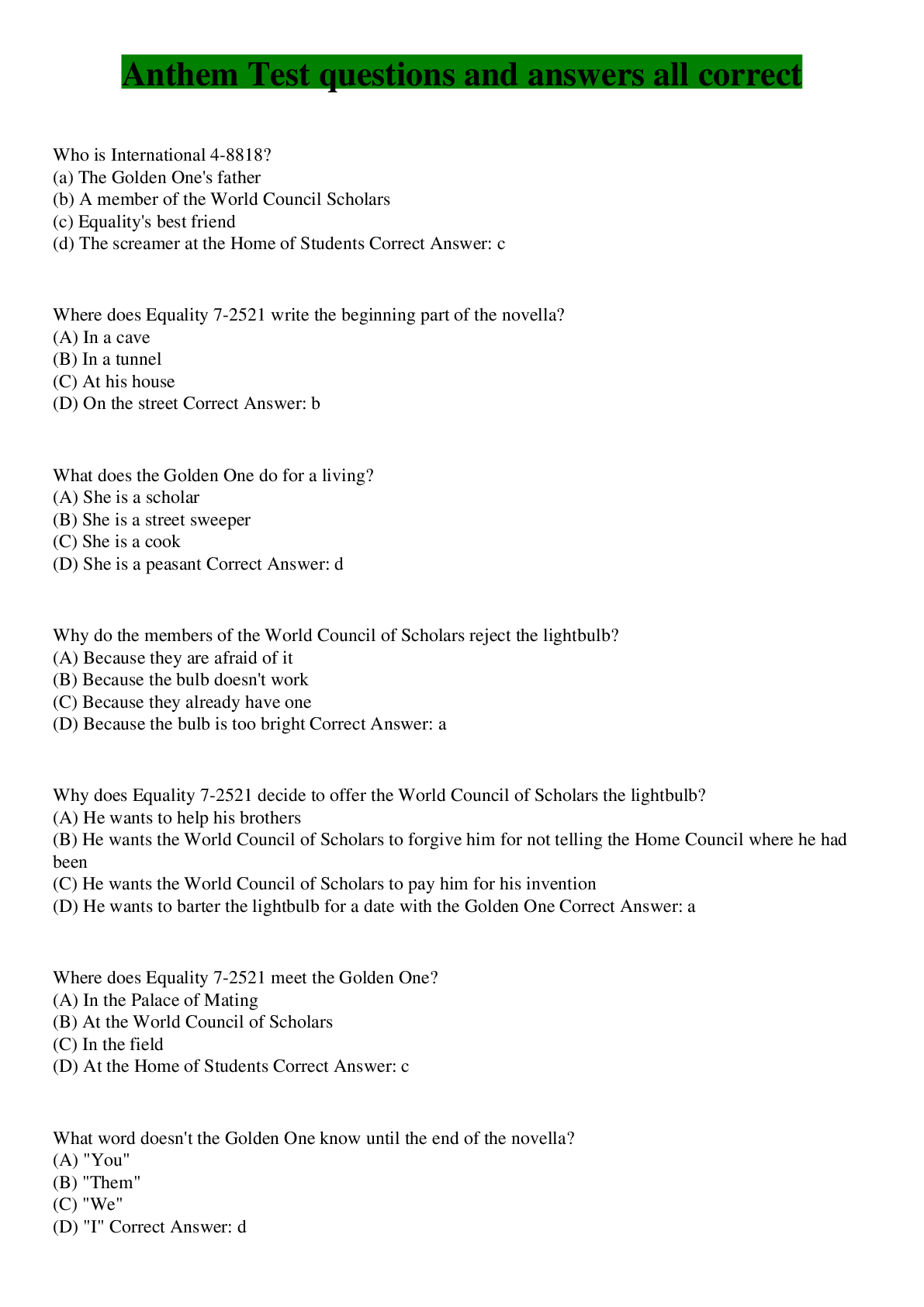 Anthem Test questions and answers all correct - Scholarfriends